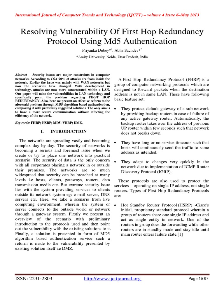 Resolving Vulnerability of First Hop Redundancy Protocol Using Md5 Authentication | PDF ...