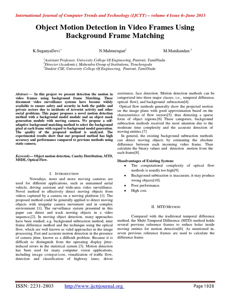 Object Motion Detection In Video Frames Using Background Frame Matching Download Free Pdf