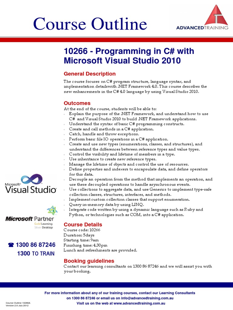 Course Outline: 10266 - Programming in C# With Microsoft Visual Studio 2010 | PDF | Language ...