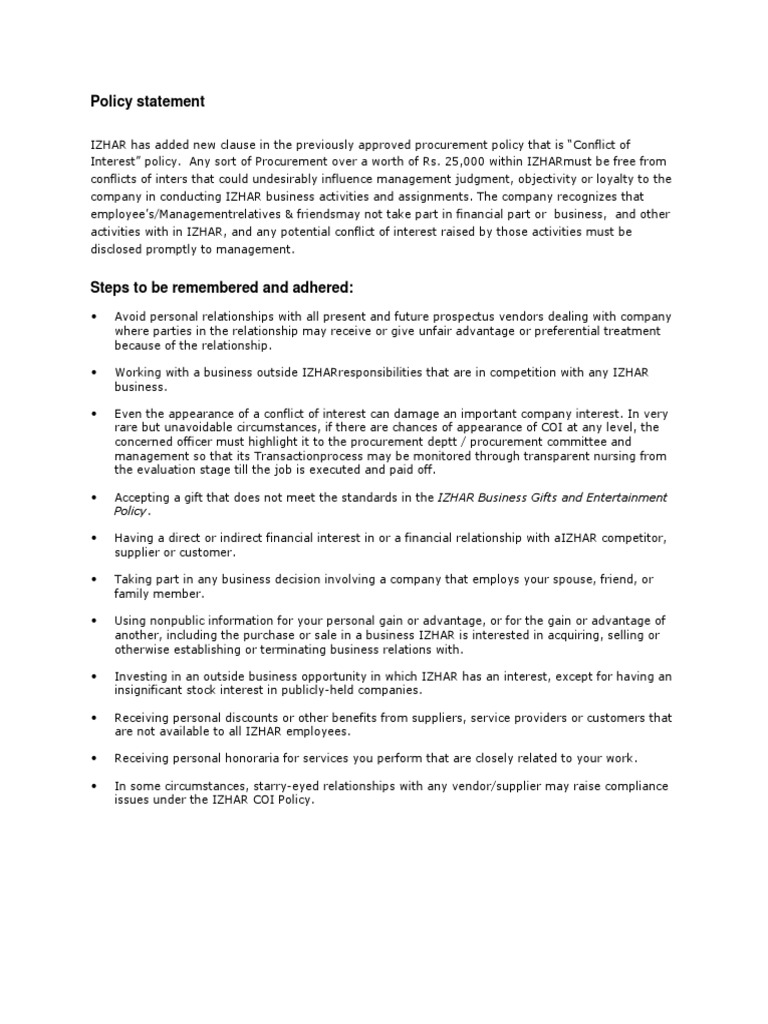 Policy Statement | PDF | Conflict Of Interest | Procurement