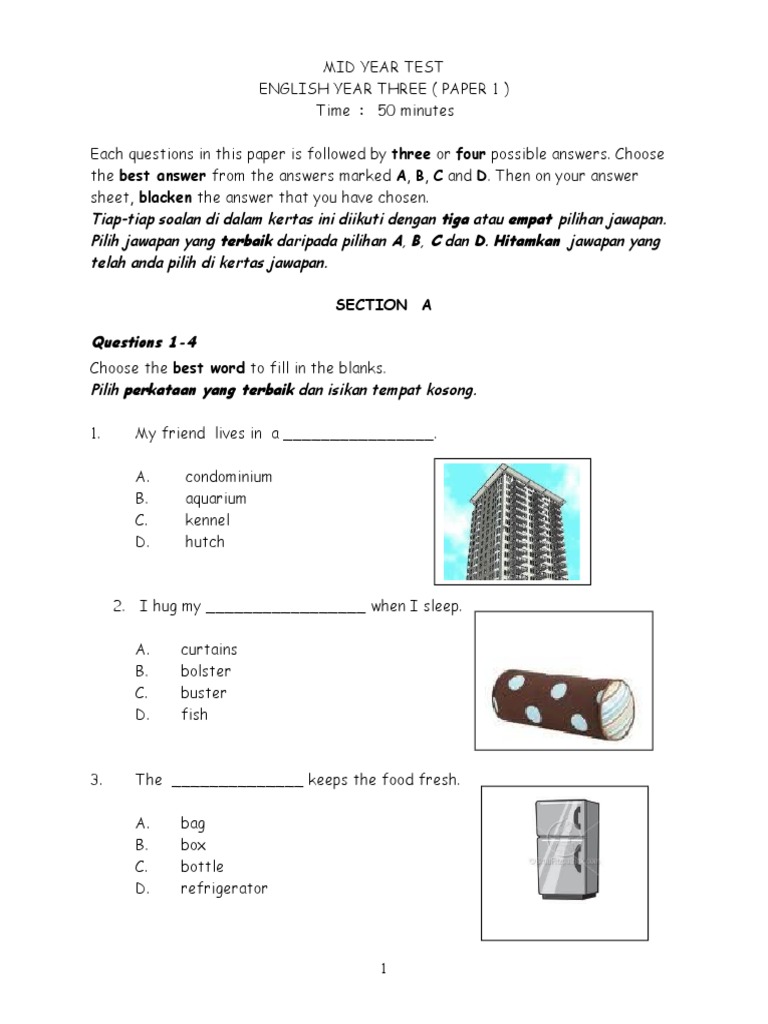 Year 3 English Mid-Year Test Paper | PDF