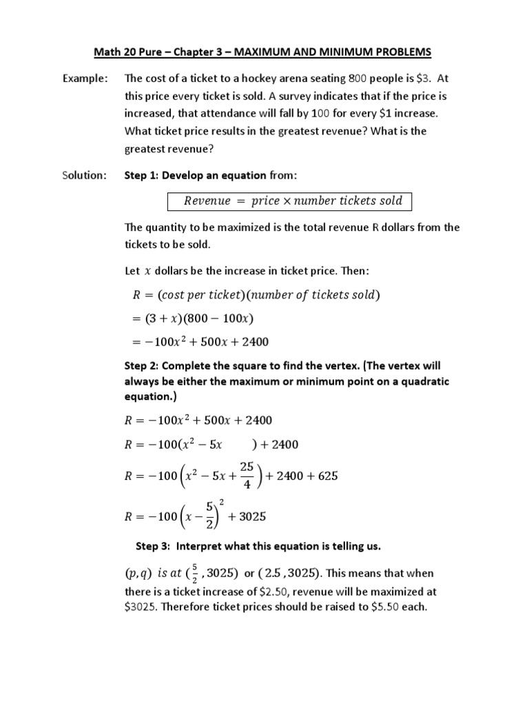 Math 20 1 Max And Min Problem Worksheet Maxima And Minima Applied Mathematics Free 30 Day 