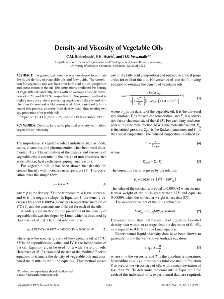 Density and Viscosity of Vegetable Oils | PDF | Viscosity | Vegetable Oil