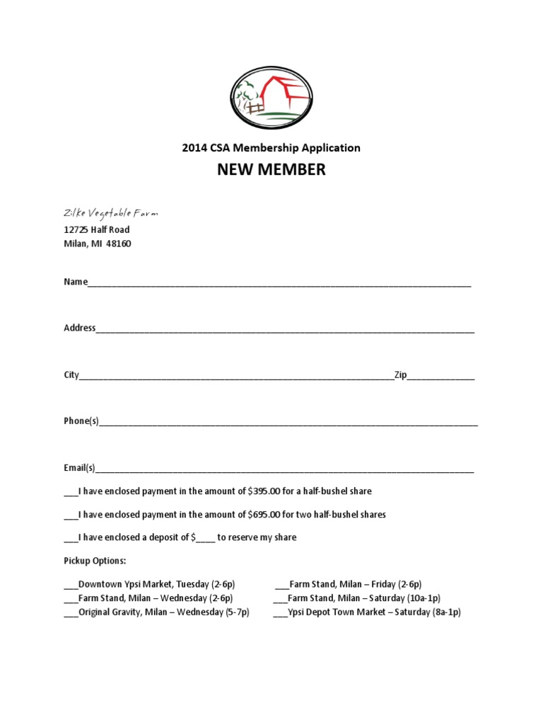 2014 Csa New Membership Application | PDF | Emergency | Agriculture