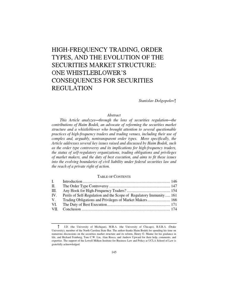 High-Frequency Trading, Order Types, and The Evolution of The ...