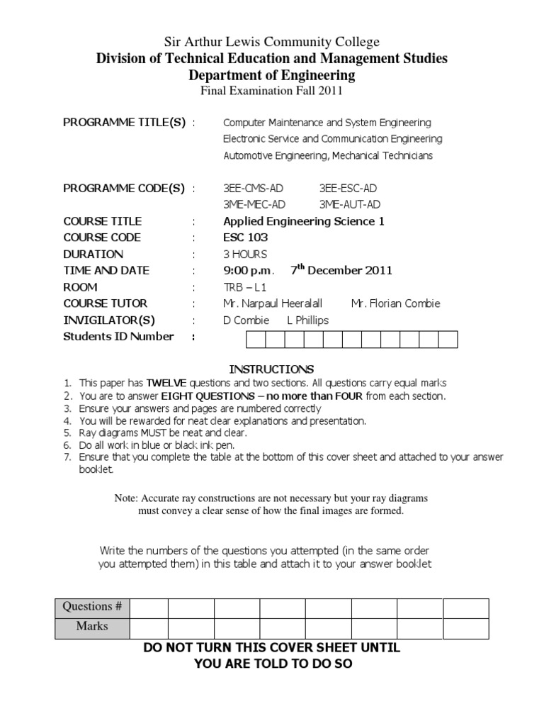ESC103 Final Exam Dec 2011 Sir arthur Lewis Community College | Lens ...