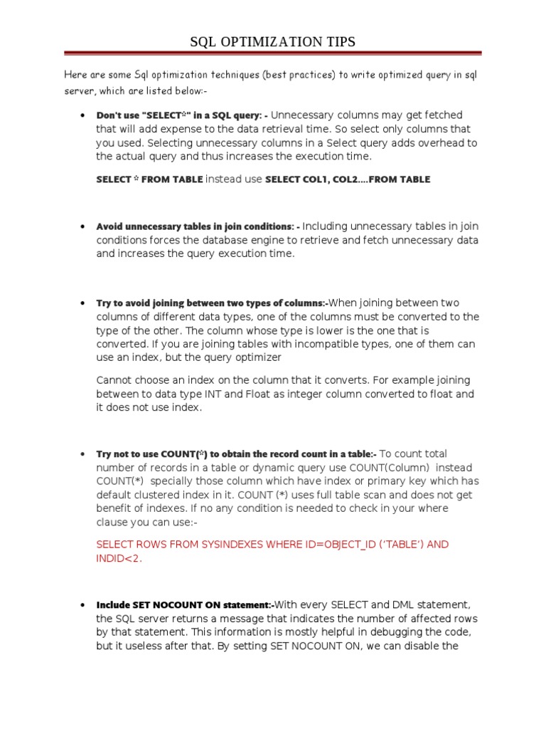 SQL Optimization Tips: Select Rows From Sysindexes Where Id Object - Id ( Table') and INDID 2 ...