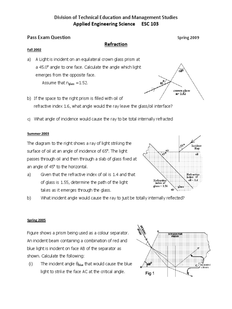Optics Exam Questions | PDF | Refraction | Refractive Index