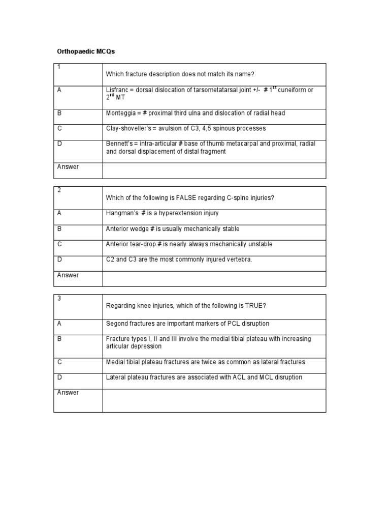 MCQ Ortho 1 | PDF | Knee | Elbow