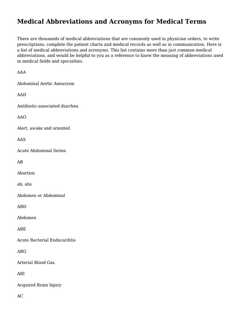 Medical Abbreviations and Acronyms For Medical Terms | PDF | Coronary ...