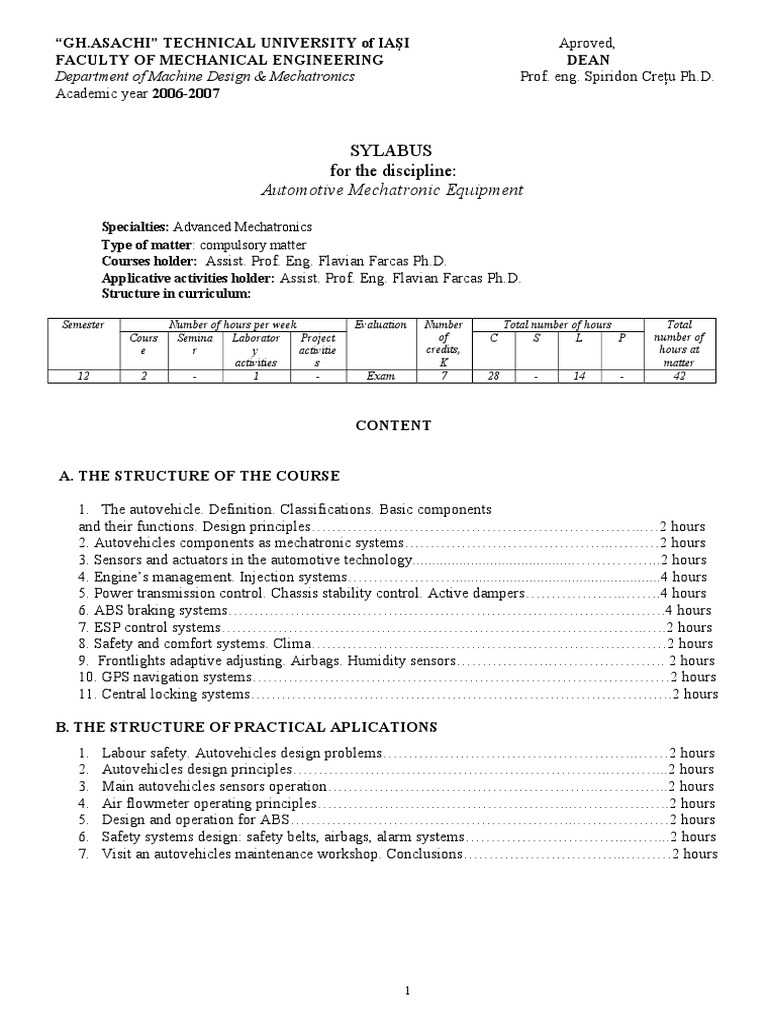Automotive Mechatronic Equipment: Sylabus For The Discipline | PDF ...