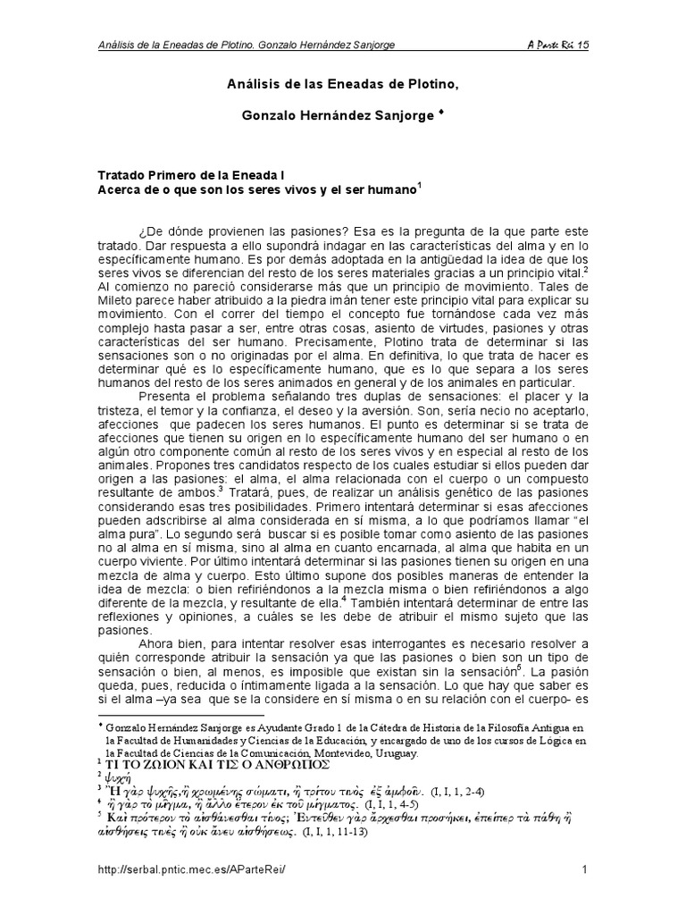 Gonzalo Hernández Sanjorge - Análisis de Las Eneadas de Plotino - Tratado I-I Eneada | PDF