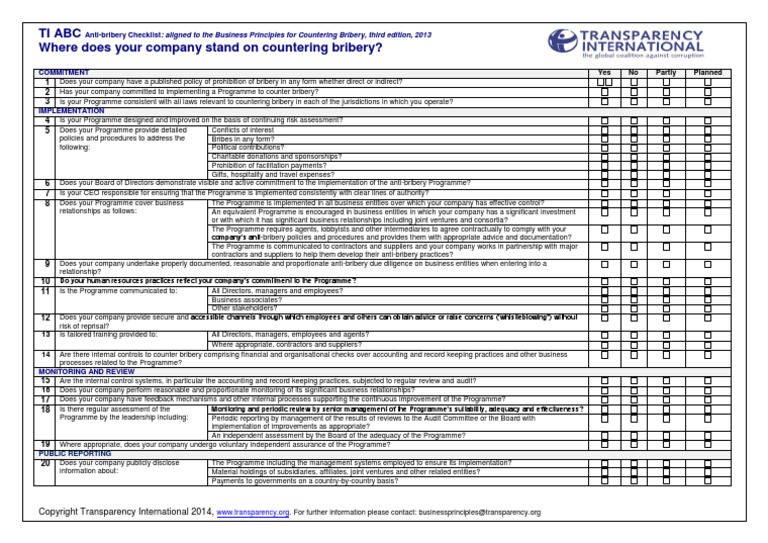 TI ABC Anti-Bribery Checklist 2014 | PDF | Bribery | Audit