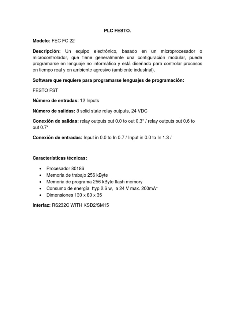 PLC Festo FEC FC 22: Control Industrial | PDF | Controlador lógico ...