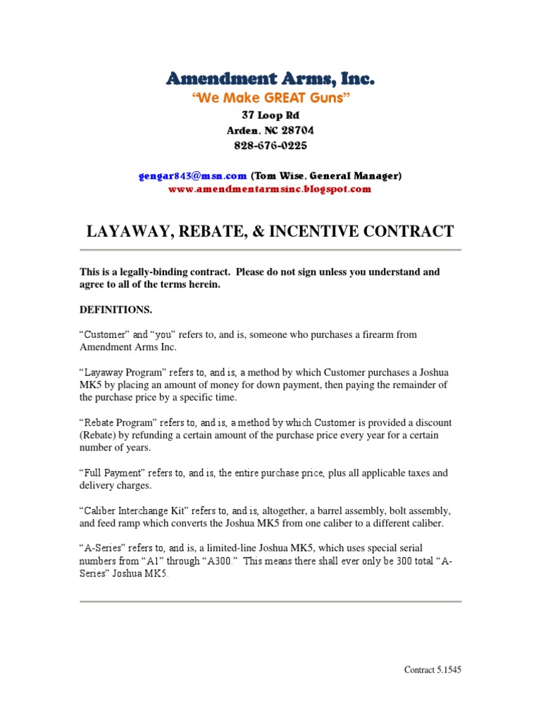 Joshua MK5 Contract 5.1545, From Amendment Arms. | PDF | Rebate ...