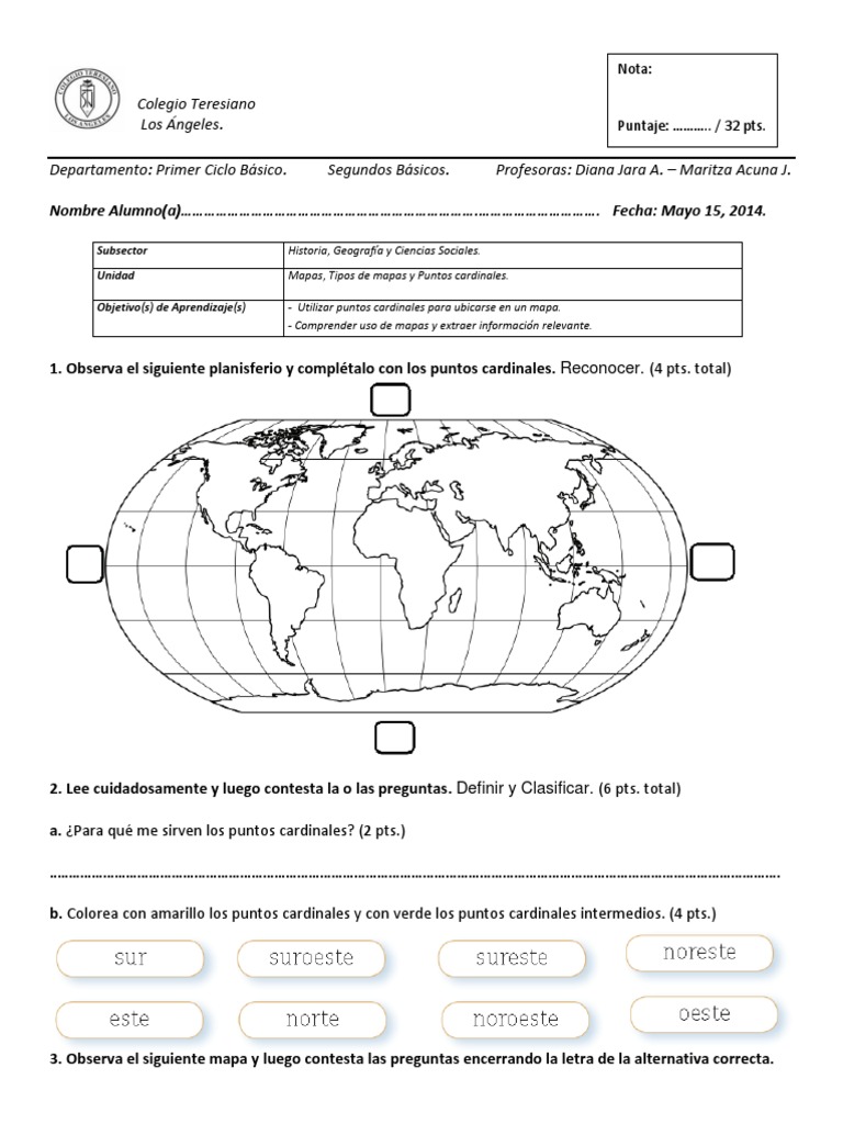 Evaluación de Puntos Cardinales para Niños | PDF