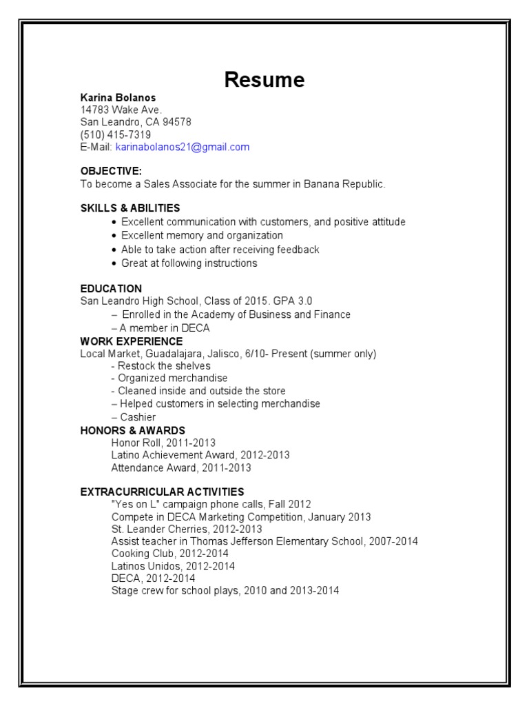 Karina Bolanos Resume for Sales Associate | PDF