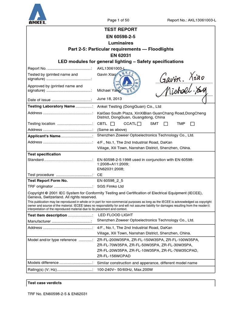 IEC 60IEC 60598-2-5-Test Report - pdf598 2 5 Test Report | PDF ...