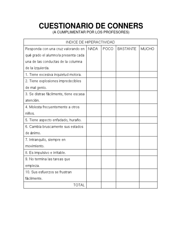 Cuestionario de Conners | PDF | Desorden hiperactivo y deficit de ...