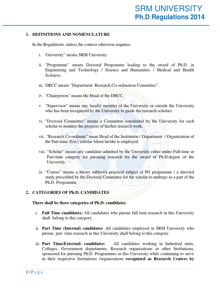 PH.D Regulations 2014: 1. Definitions and Nomenclature | PDF | Thesis ...