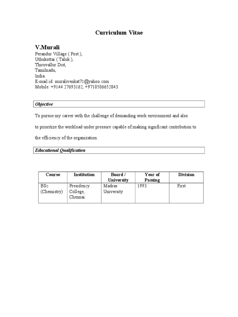 Curriculum Vitae V.Murali: Objective | PDF