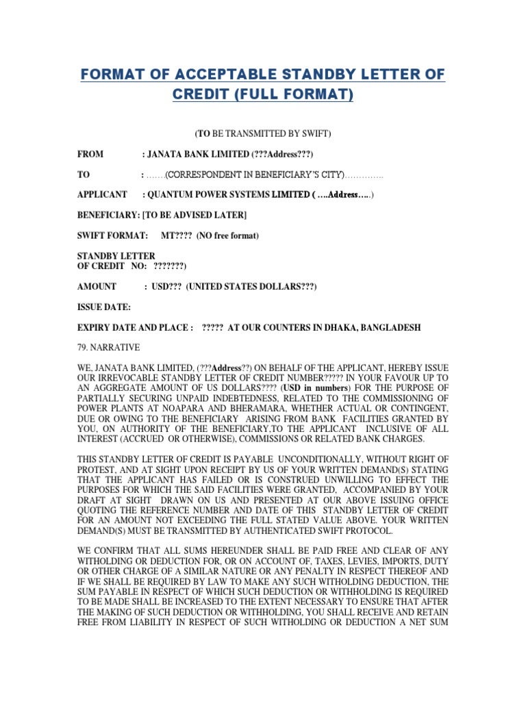 SBLC Format Draft | PDF | Withholding Tax | Letter Of Credit