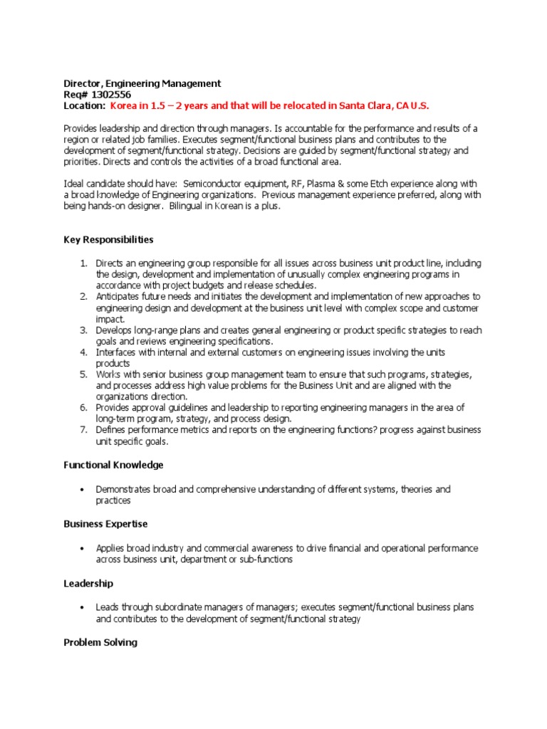 Director of Engineering Management Role | PDF | Strategic Management ...