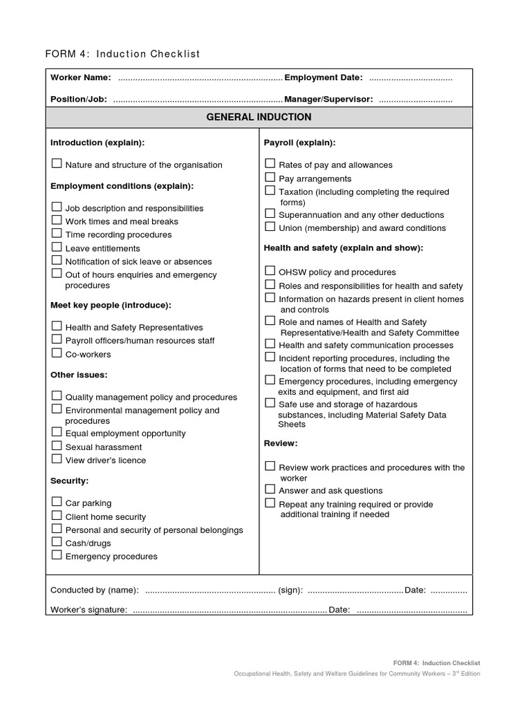 Induction Checklist for Community Workers | PDF | Occupational Safety ...