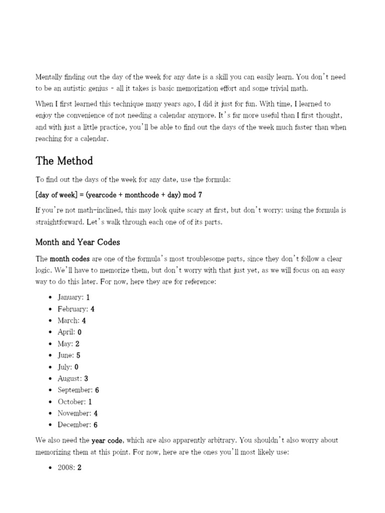 The Method: Month and Year Codes | PDF | Division (Mathematics ...
