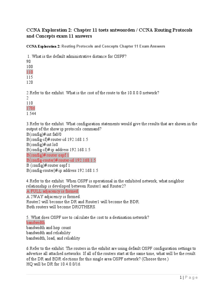 CCNA Exploration 2: Chapter 11 Toets Antwoorden / CCNA Routing Protocols and Concepts Exam 11 ...