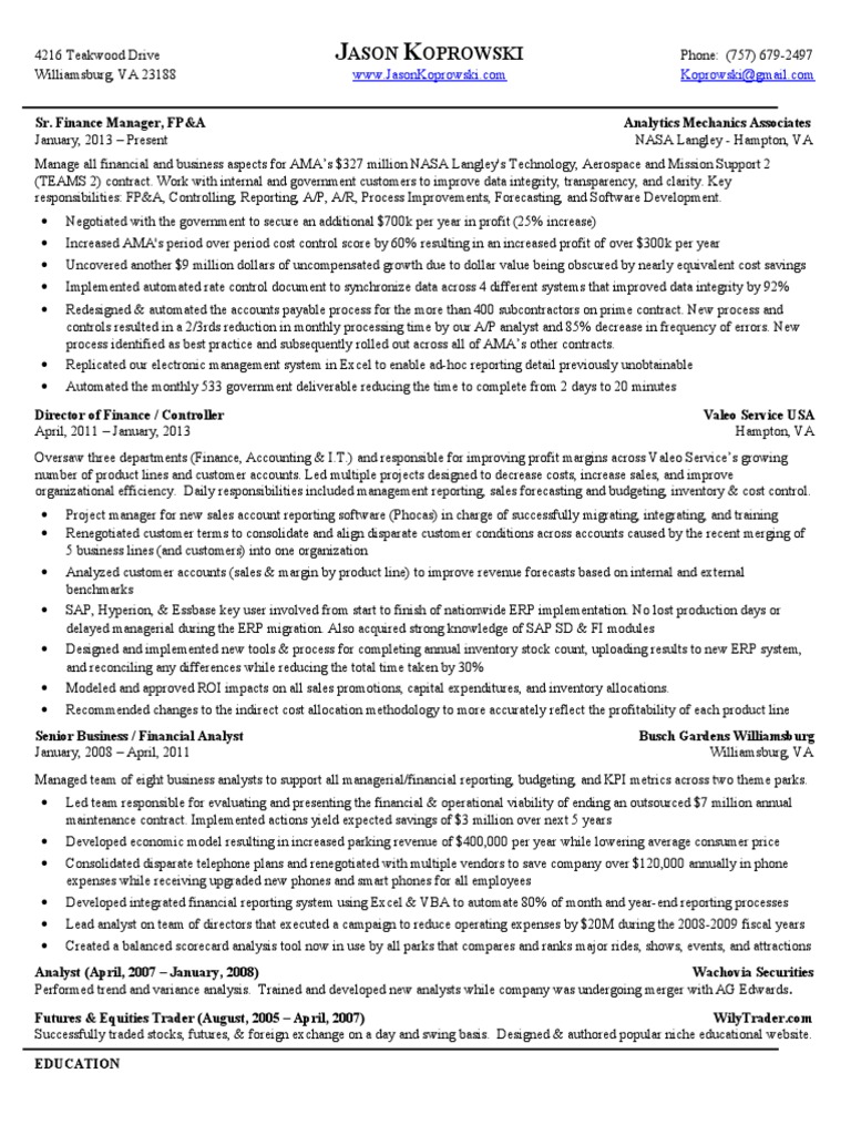 Senior Finance Manager FP&A in Williamsburg, VA resume.doc | Business ...
