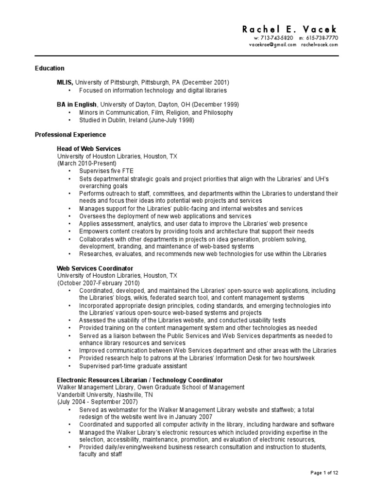 Rachel Vacek's CV | PDF | Librarian | Libraries