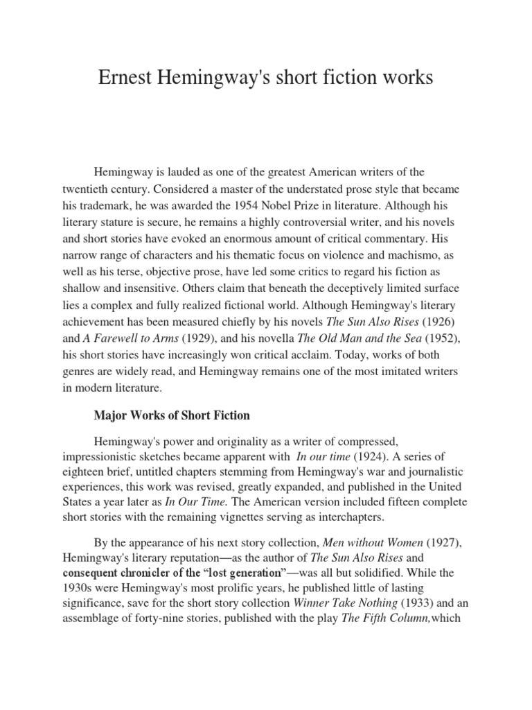 Ernest Hemingway's Short Fiction Works | PDF | Ernest Hemingway | Short ...