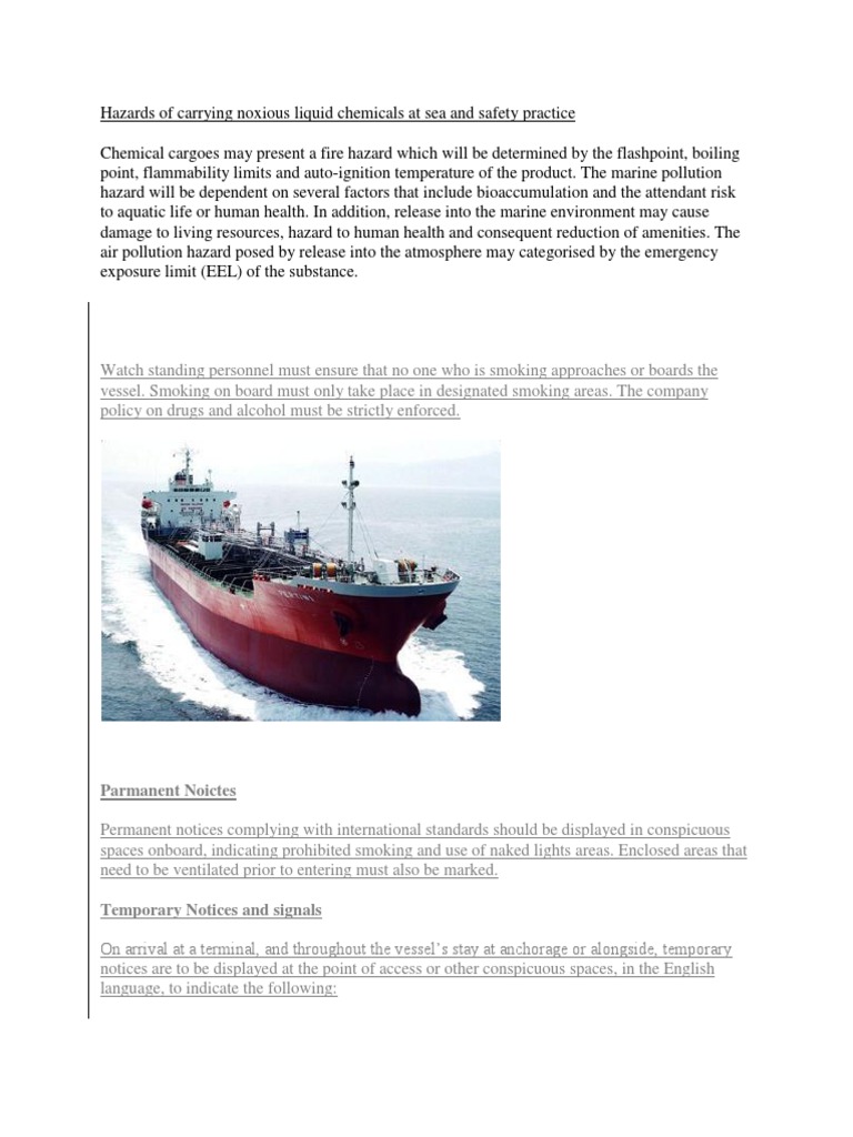 Hazards of Carrying Noxious Liquid Chemicals at Sea and Safety Practice ...