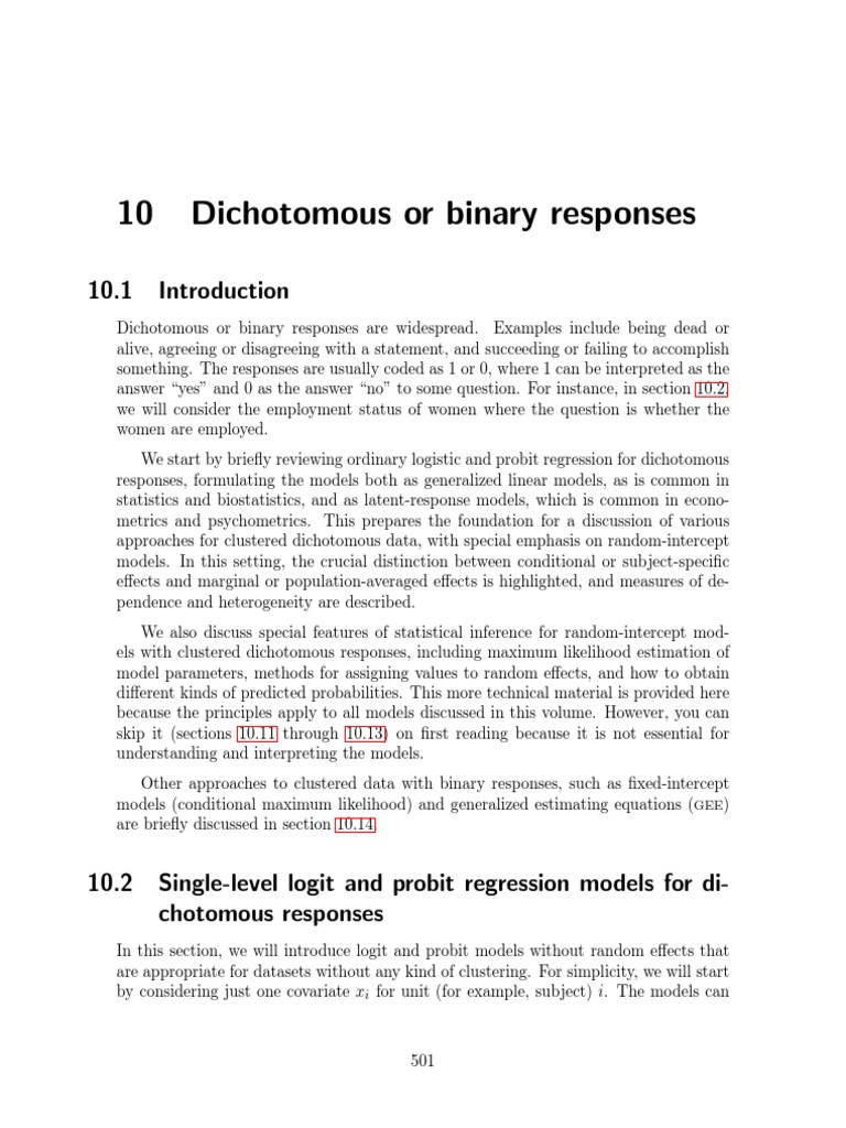 10 Dichotomous or Binary Responses | PDF | Logistic Regression ...