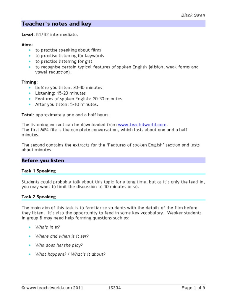 Black Swan Lesson Plan | PDF | Stress (Linguistics) | English Language