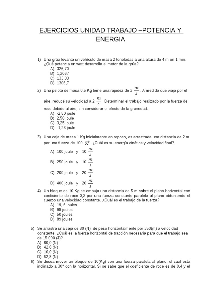 Guia Trabajo-Potencia y Energia | PDF | Fricción | Masa