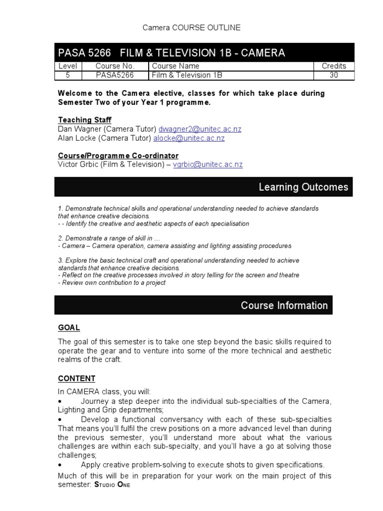 Pasa 5266 Camera Course Outline | PDF | Lecture | Camera