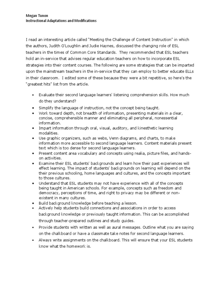 ESL Instructional Strategies for Teachers | PDF | English As A Second ...