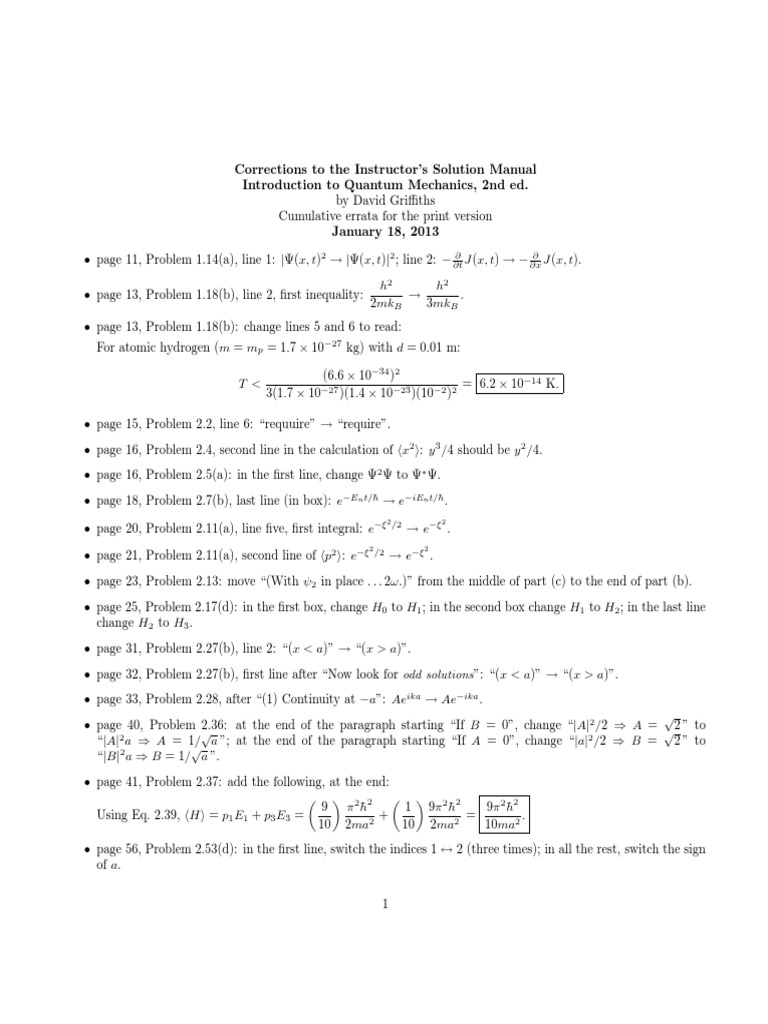 Solutions Corrections For David Griffith S Into To Quantum Mechanics