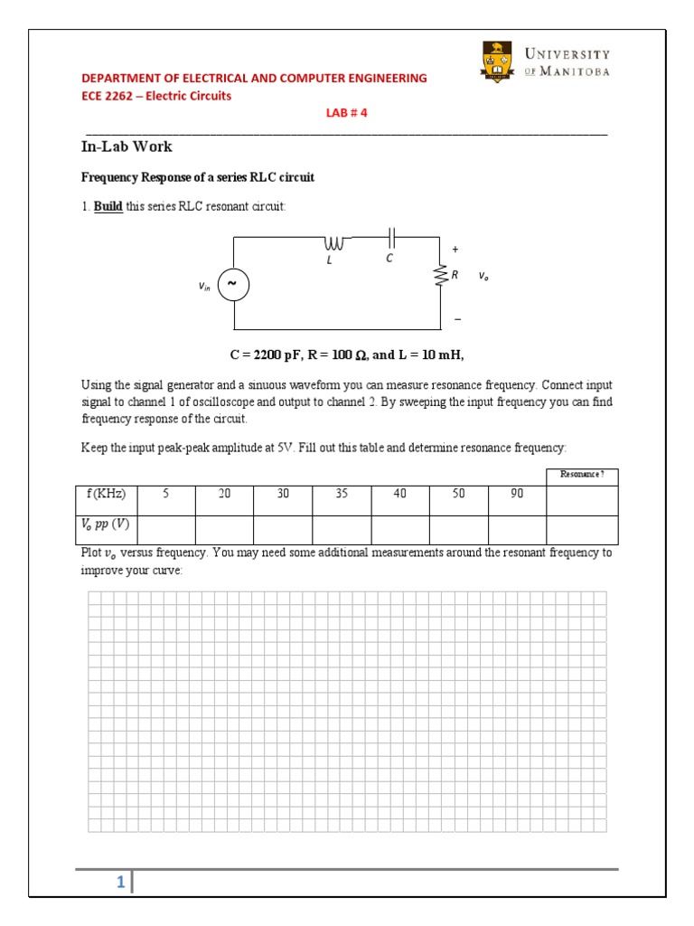 In-Lab Work: Department of Electrical and Computer Engineering ECE 2262 - Electric Circuits ...
