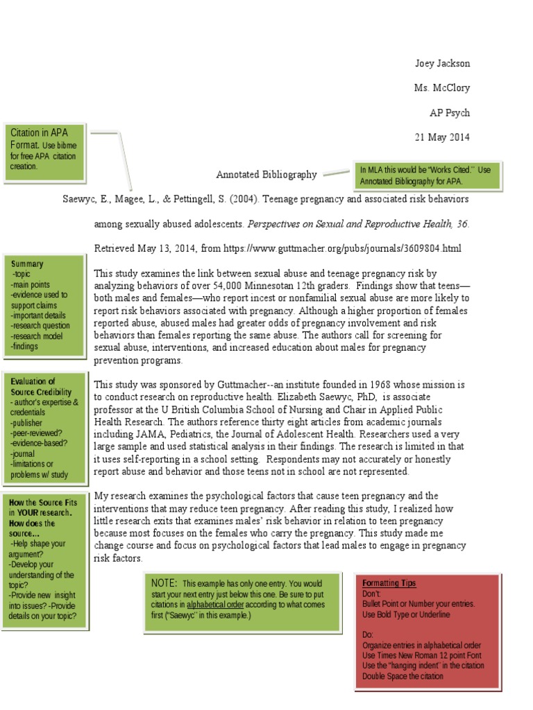 Apa Annotated Bib Example | PDF | Youth | Developmental Psychology