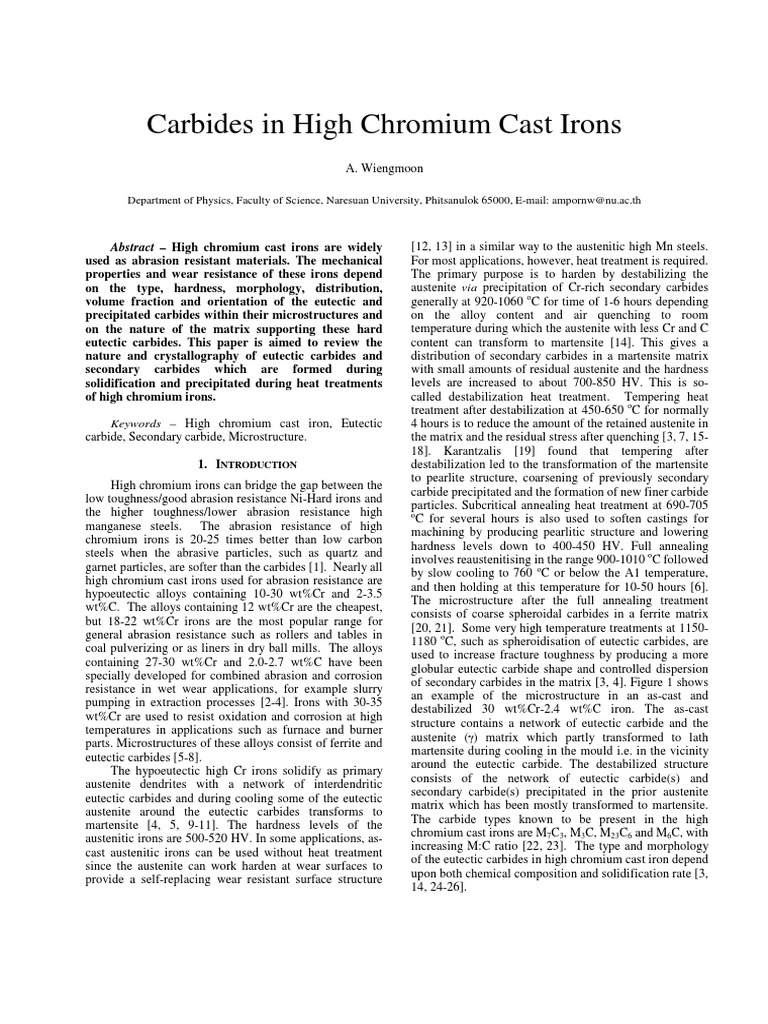 Carbides in High Chromium Cast Irons | PDF | Heat Treating | Materials Science