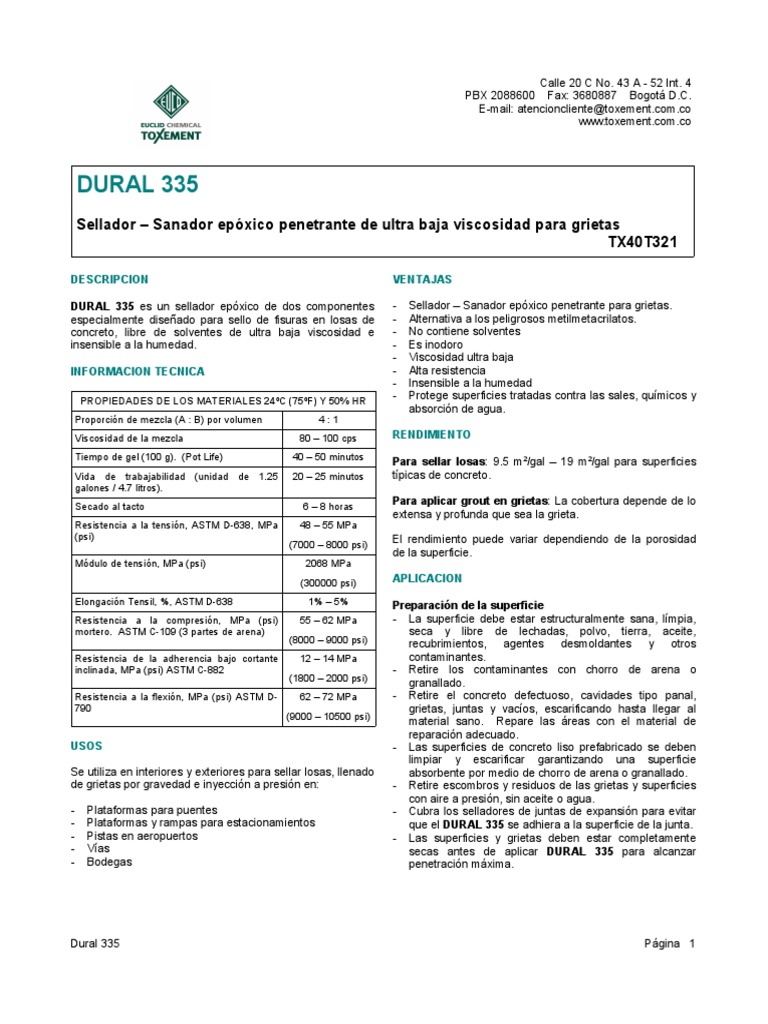 Sellador Epóxico Dural 335 para Grietas | PDF | Agua | Materiales