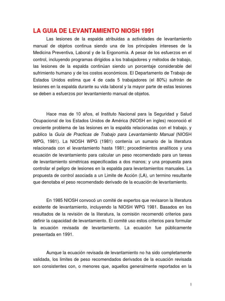 NIOSH | PDF | Ecuaciones | Factores humanos y ergonomía