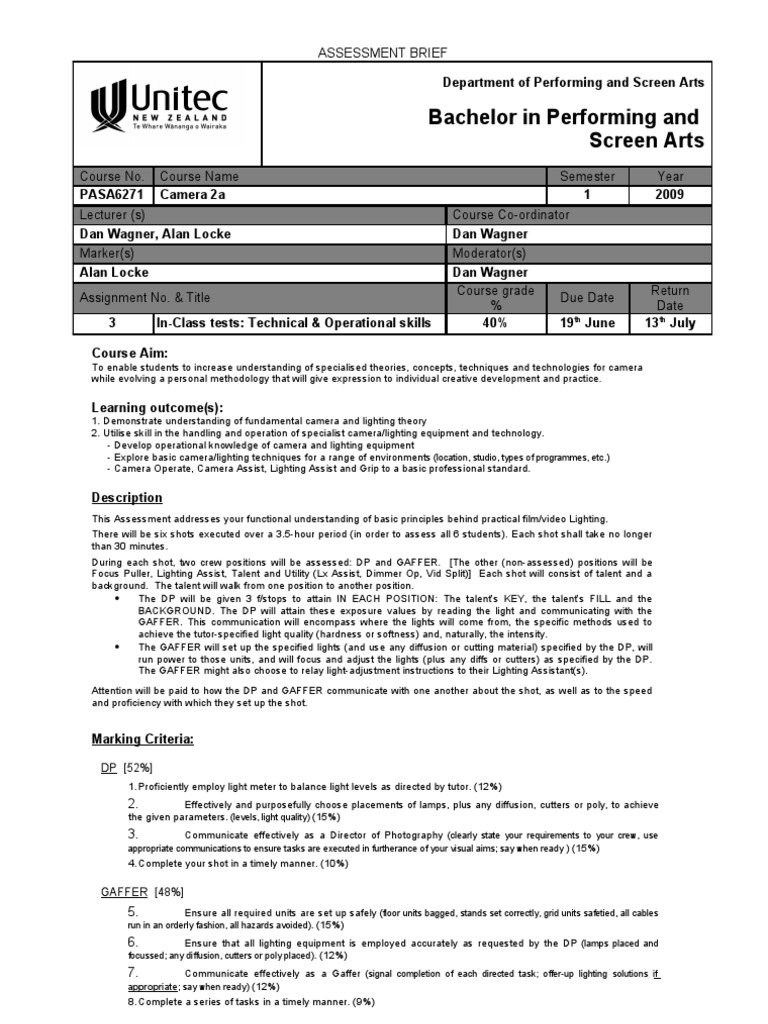 6271 BRIEF-3 In-Class Tests | PDF | Lighting | Camera