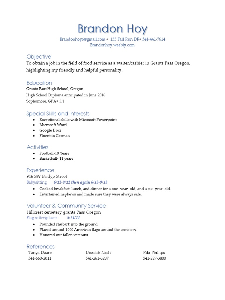 Food Service Resume for Brandon Hoy | PDF