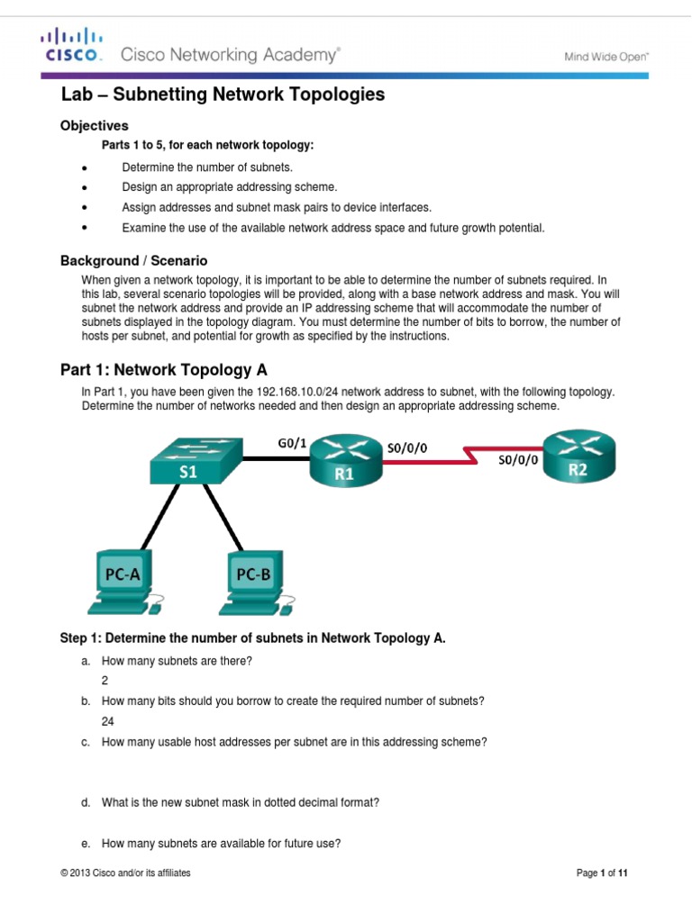 9 1 4 9 Lab Subnetting Network Topologies Pdf Ip Address Internet Protocols