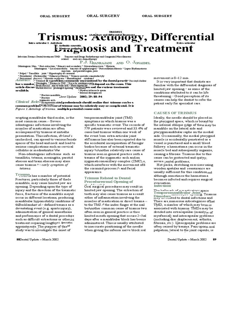 Dental Update 2002. Trismus - Aetiology Differential Diagnosis and ...
