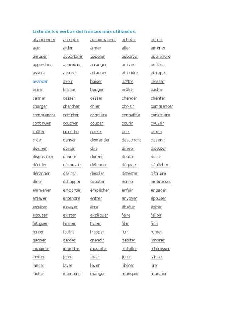 Lista de Los Verbos Del Francés Más Utilizados | Loisirs